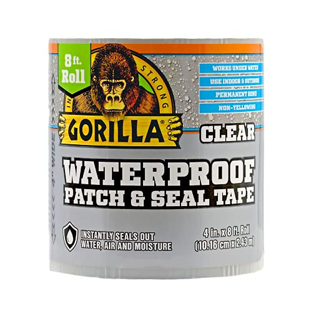 Gorilla Waterproof Patch & Seal Tape, 4" x 8', Clear, (Pack of 2)