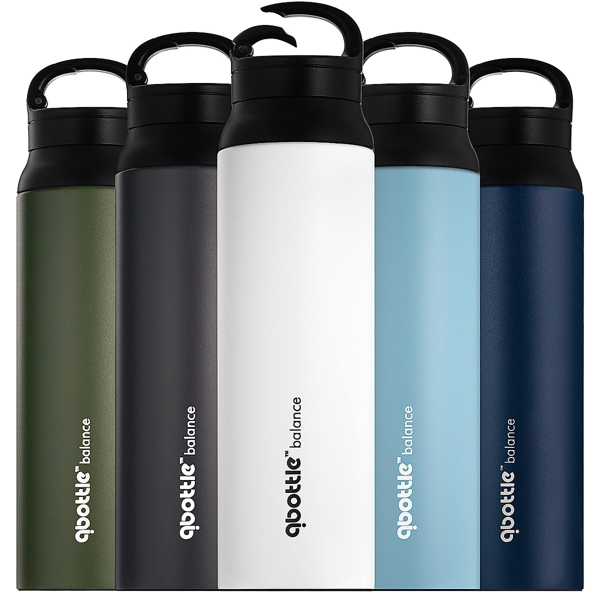 qbottle PREMIUM 27 oz Insulated Water Bottles with Carabiner Lid – Stainless Steel Water Bottle – Leak Proof Metal Water Bottle – No Sweat – Wide Mouth Hydroflask – ICE WHITE