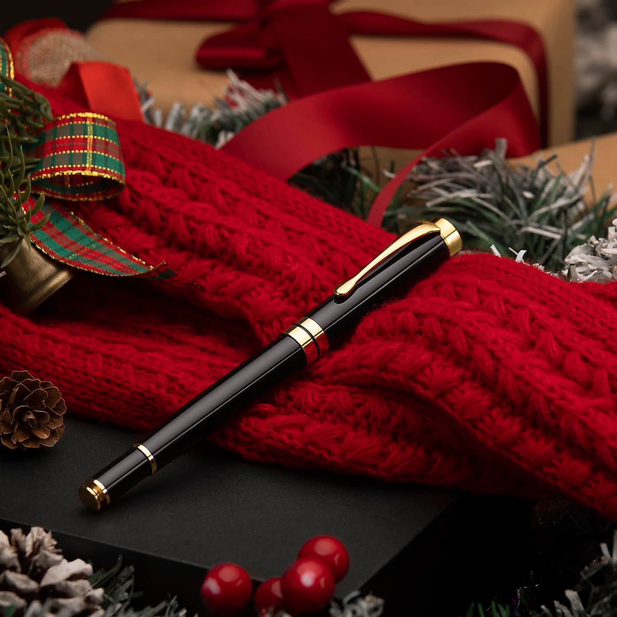 BEILUNER Ballpoint Pens, Stunning Black Chrome Metal Pen with Golden Trim, Best Ball Pen Gift Set for Men & Women, Professional, Executive, Office, Nice Pens-Gift Box with 0.5mm Black Extra Refill