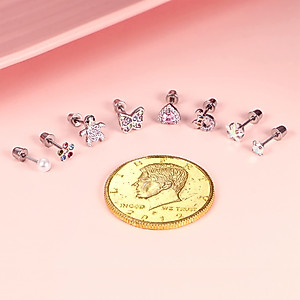 ZELORES 8 Pairs Screwback Earrings for Women Pink CZ Heart Turtle Stud Earrings Stainless Steel Cute Pearl Butterfly Screw Back Earrings Set