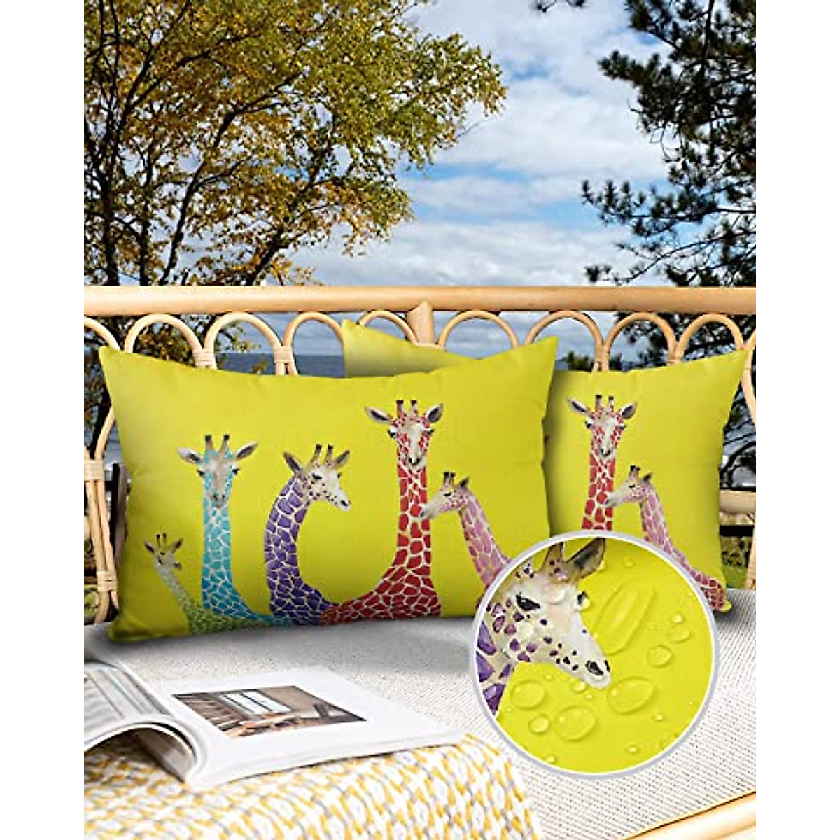 Animal Giraffe Abstract Painting Outdoor Pillow Cover 12x20 Inch Cushion Sham Case, Yellow Backdrop Waterproof Decorative Lumbar Throw Pillowcase for Outside Garden Patio Porch Couch Chair Tent
