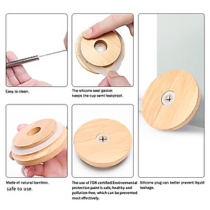 Augosta 10 Pack Bamboo lids for beer can glass, 70 mm Bamboo Mason Jar Lids with Straw Hole Compatible, Free 10 Stainless Steel Straw with Colored silicone plug, 2 Cleaning Brush and Bag for Drinking