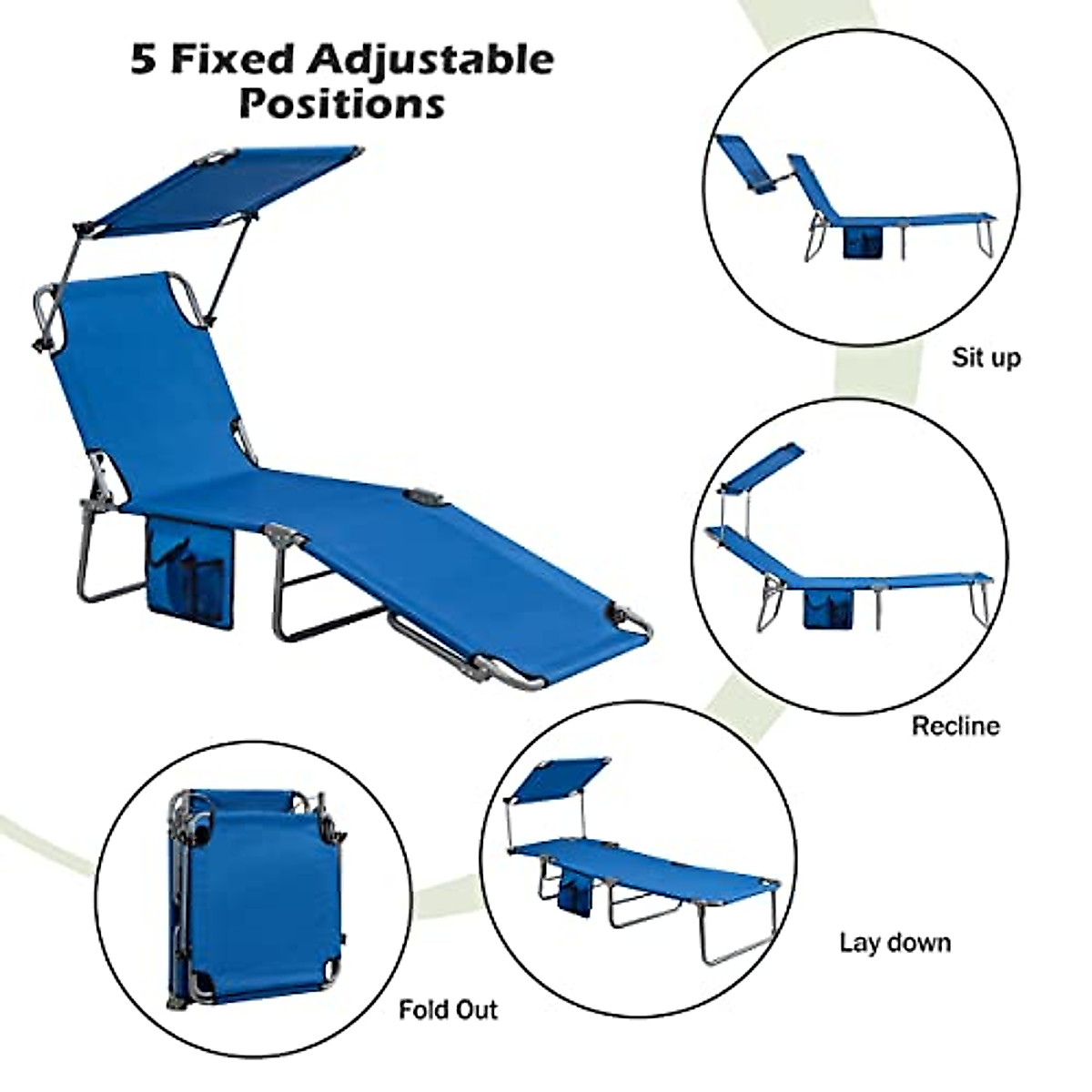 Giantex Lounge Chaise Chair Position and Shade Adjustable W/Canopy and Storage Pocket Folding Cot Recliner for Garden, Yard, Pool Side and Beach Sunbathing Folding Lounge Chairs(1, Navy)