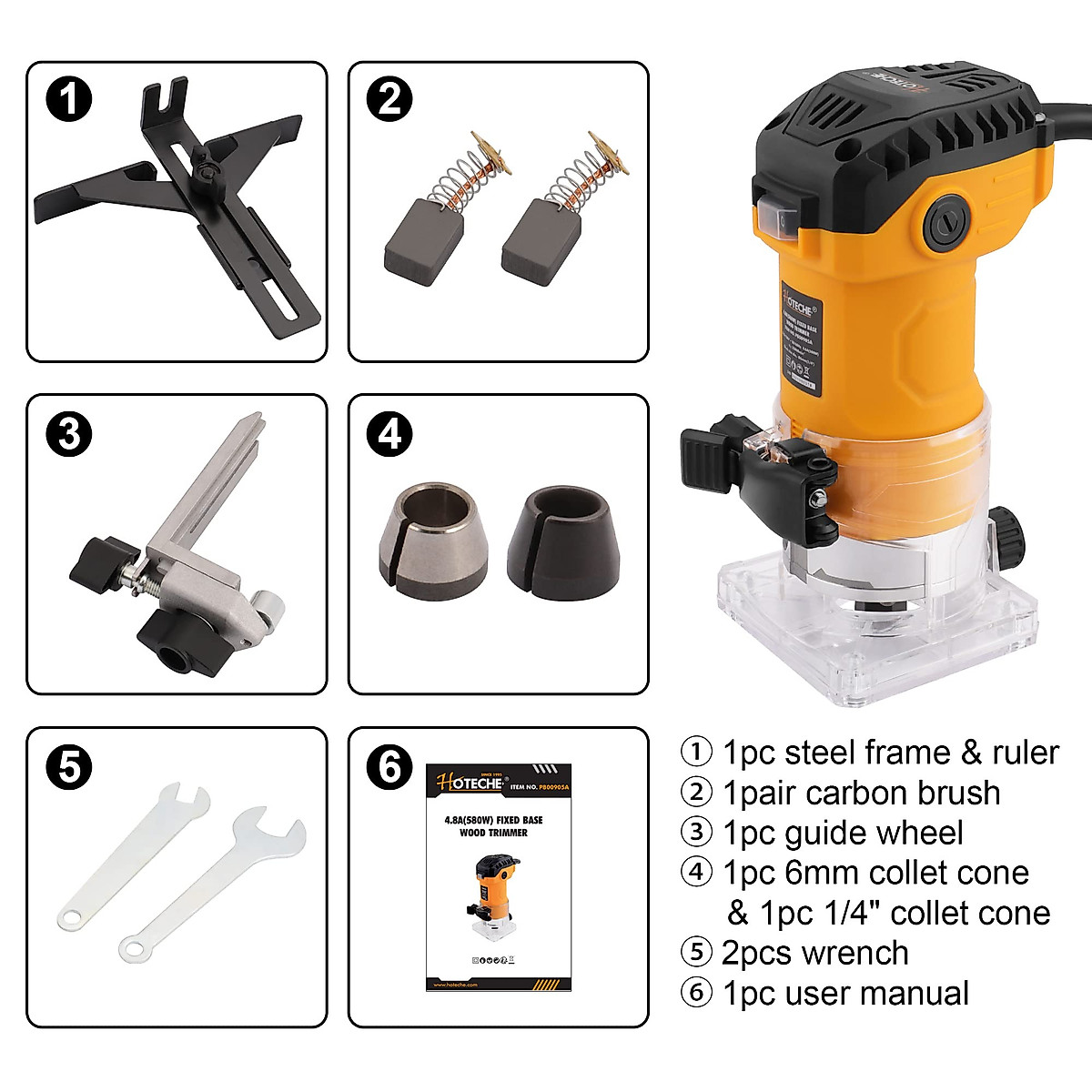 Hoteche Cpmpact Router 4.8-Amp/580W Wood Trimmer Fixed Base Electric Palm Router with 1/4" Collet for Wood Working Slotting, Trimming, Carving