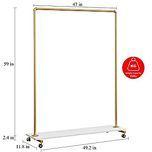 BOSURU Modern Rolling Clothing Rack on Wheels Industrial Pipe Clothes Rack with Wood Shelf Heavy Duty Metal Garment Rack for Laundry Room, Retail Store Gold 47" L