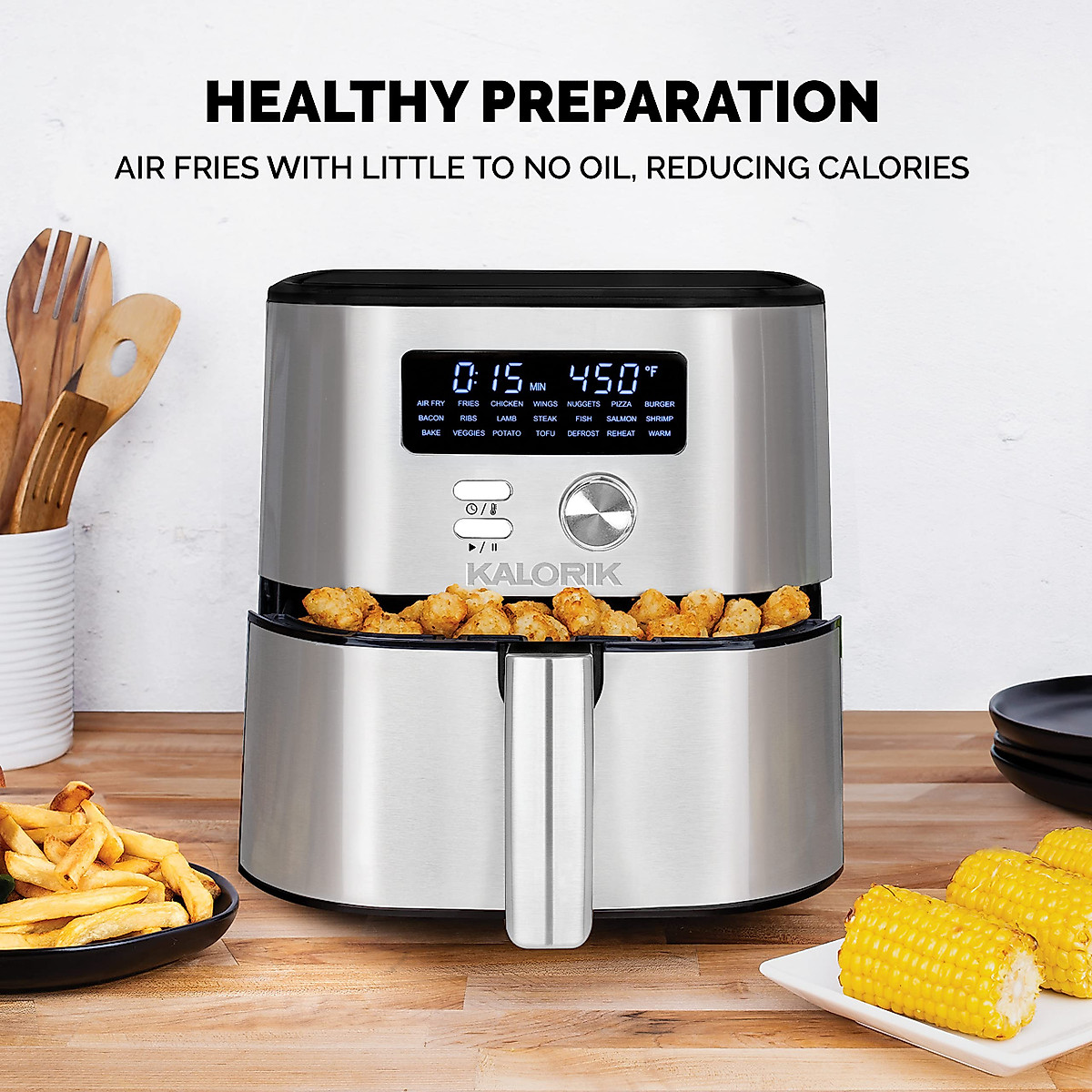 Kalorik MAXX® Digital Air Fryer FT 47823 BKSS | 6-Quart Oilless Air Fryer with 7 Cooking Functions | LED Display | 21 Smart Presets | 5 Dishwasher-Safe Accessories & Bonus Recipe Book | Nonstick Air Frying Basket  | 1750W | Stainless Steel & Black