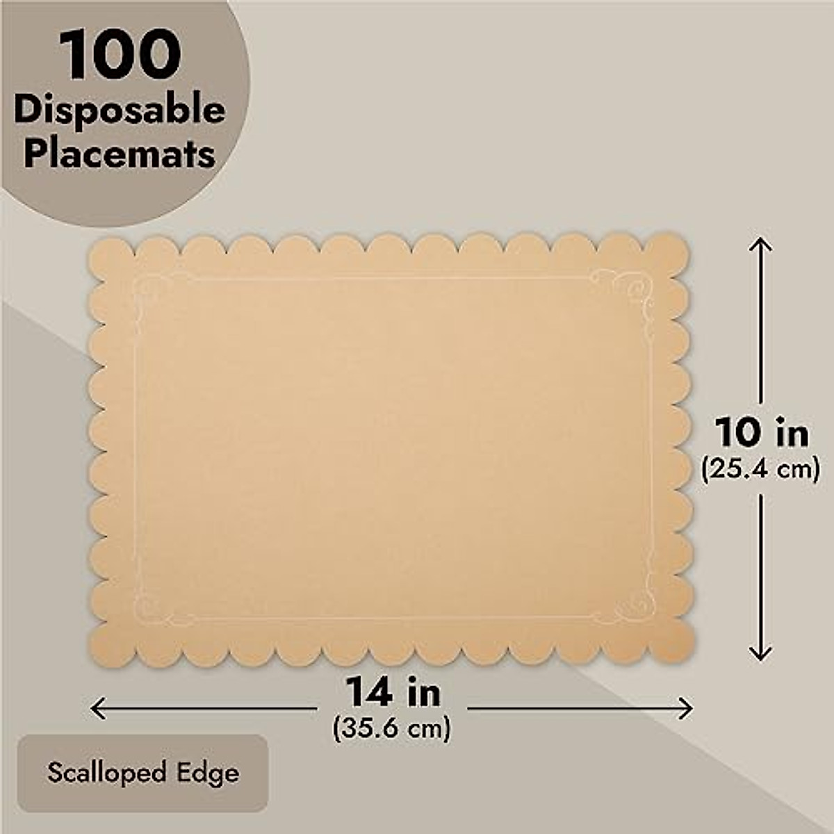 100 Pack Scalloped Kraft Paper Placemats for Dining Table, Wedding, Disposable (Brown, 10 x 14 in)