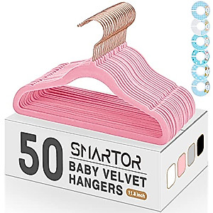Smartor Premium Velvet Baby Hangers for Closet 50 Pack, 11.8" Safe Durable Baby Clothes Hangers for Nursery with 6 Pcs Closet Dividers, Sturdy Felt Hangers for Toddler/Infant/Kids/Childrens - Pink