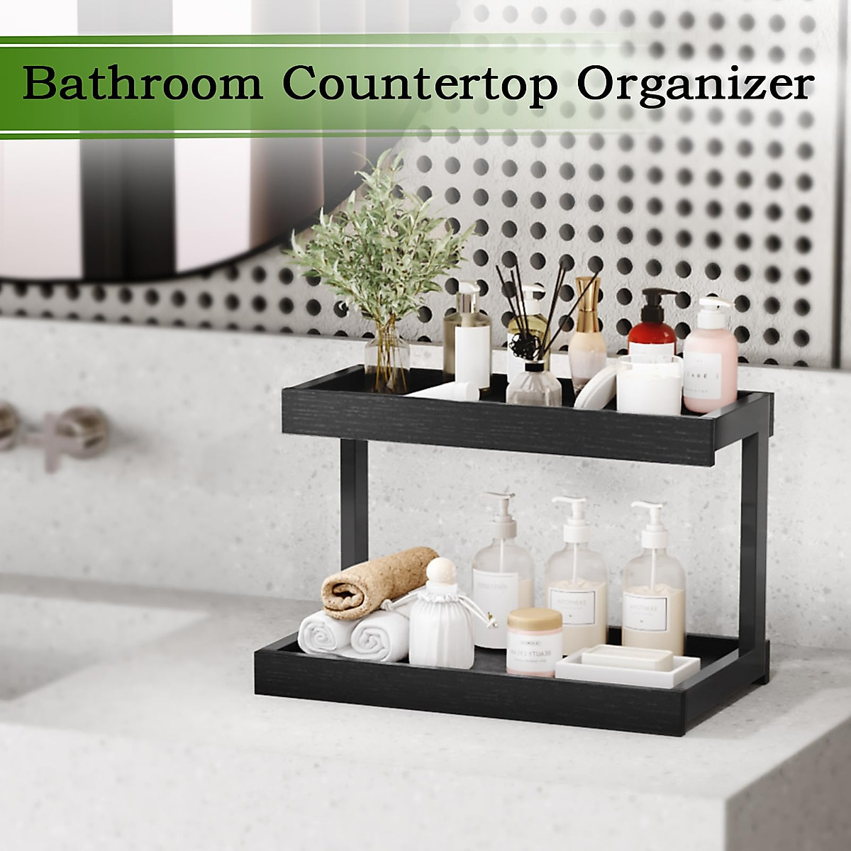 MARTY 2 Tier Spice Rack Organizer for Countertop, 15.8''L Coffee Station/Bathroom Organizer Countertop, Counter Shelf Desktop Storage Organizer for Kitchen, Bedroom, Office (Black)