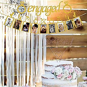 Engagement Wedding Decorations, Gold Engaged Banner and Photo Banner with Romantic Memories Picture Card Frames for Engaged / Wedding / Anniversary / Valentines Day Party