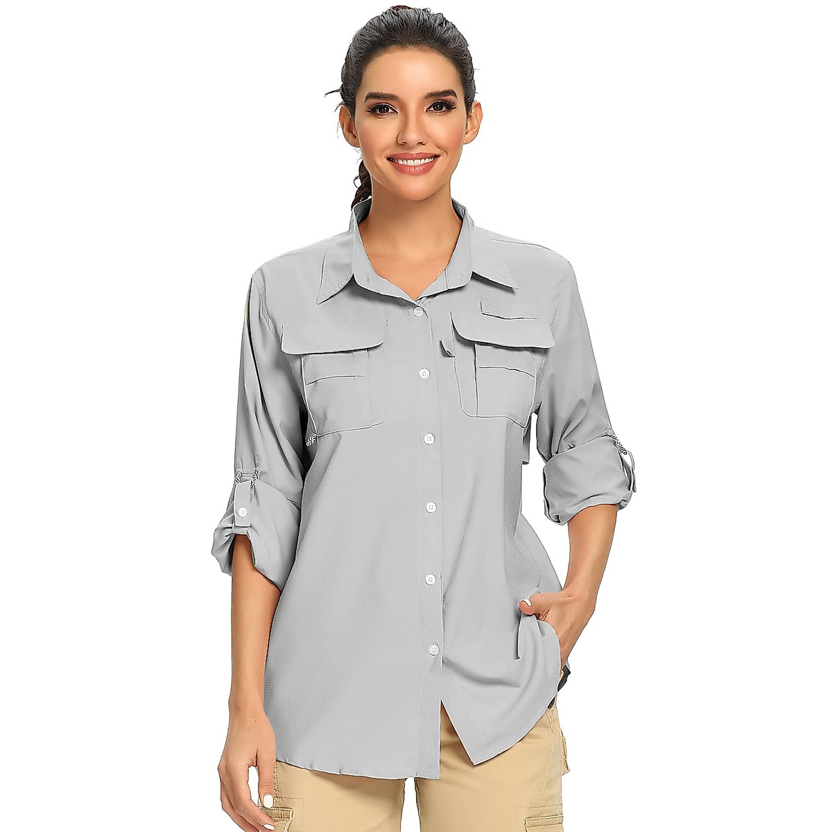 Jessie Kidden Women's UPF 50+ UV Sun Protection Safari Shirt, Long Sleeve Outdoor Cool Quick Dry Fishing Hiking Gardening Shirts (5055 Grey L)