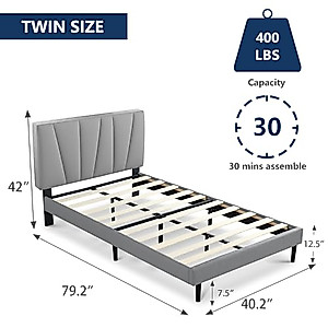 Molblly Twin Bed Frame Upholstered Platform with Headboard and Strong Wooden Slats, Strong Weight Capacity, Non-Slip and Noiseless,No Box Spring Needed, Easy Assembly,Light Grey Twin Bed