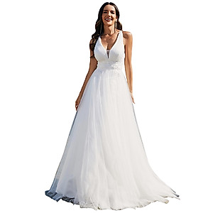 Ever-Pretty Women's Appliques Tulle A-Line V Neck Open Back Wedding Guest Dress White US16