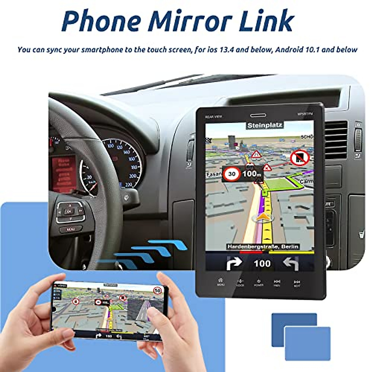 Single Din Car Stereo with Apple Carplay Android Auto, podofo 9.5'' Veritical Adjustable Touch Screen Car Radio with Mirror Link Bluetooth FM Radio Backup Camera/USB/TF Card Port/AUX-in
