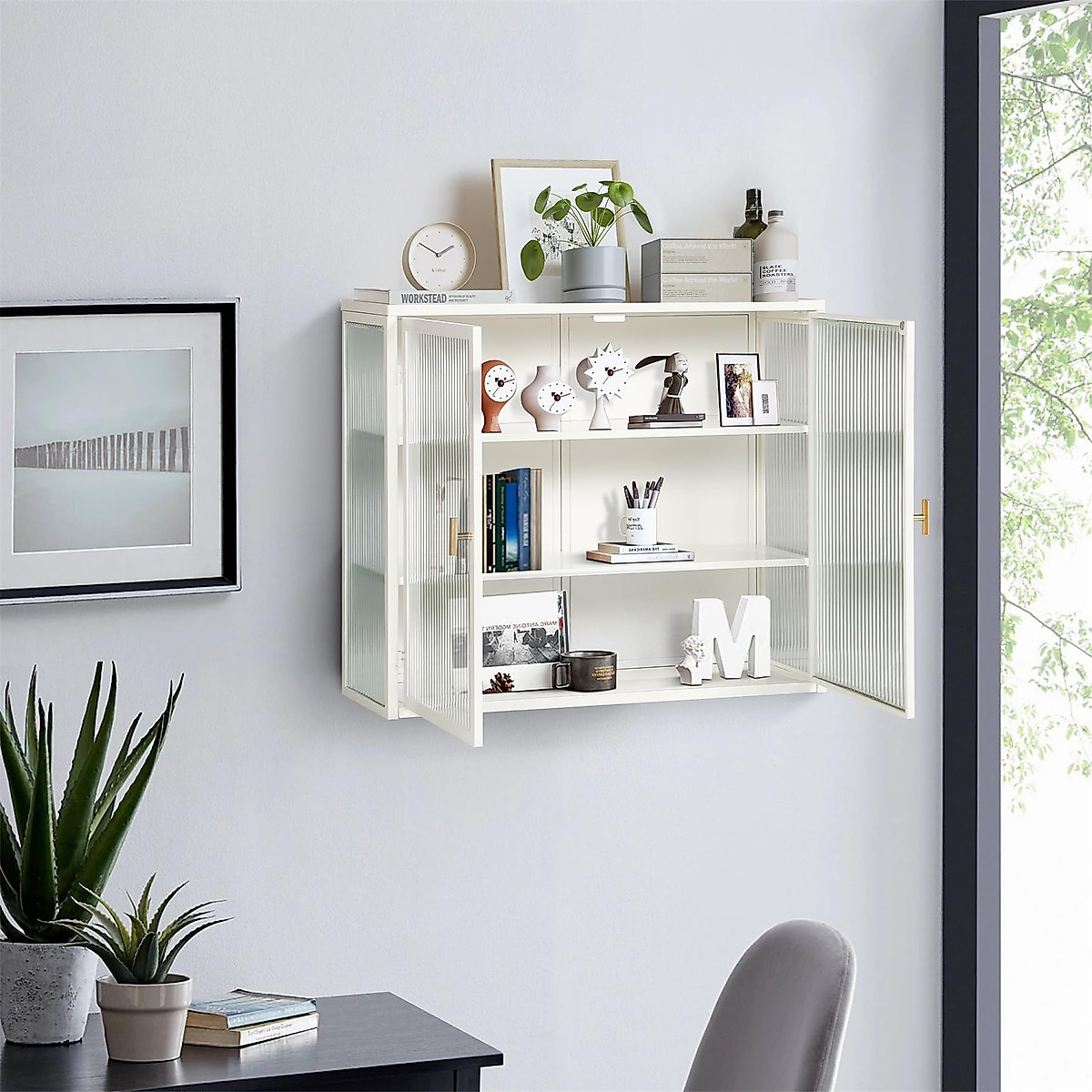 SSLine Modern Metal Medicine Cabinet with Glass Doors Wall-Mount 3-Shelf Bathroom Cabinet with Gold Handles White Accent Storage Cabinet for Bathroom Kitchen Living Room