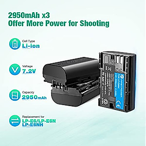 FirstPower LP-E6NH Battery 3-Pack and Triple Slot Charger Compatible with Canon EOS R R5 R6 R7 60D 70D 80D 90D 5D Mark II III IV 6D 6D II 7D 7D II Camera