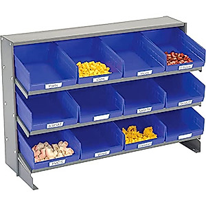 Global Industrial 3 Shelf Bench Rack, (12) 8" W Blue Bins, 33x12x21
