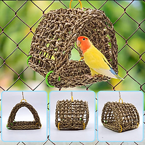 kathson Bird Sheltering Seagrass Tent Birds Hanging Hammock Parrot Natural Seagrass Tent Snuggle Hut Parakeet Cage Perch Stand Cockatiel Chewing Toy for Conure Lovebird Budgie African Grey