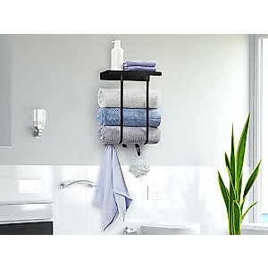 Towel Racks for Bathroom Wall Mounted, MOOACE 2 Bar Adhesive Rolled Towel Storage Holders with Metal Shelf,Metal Bathroom Organizer for Folded Towel - Black