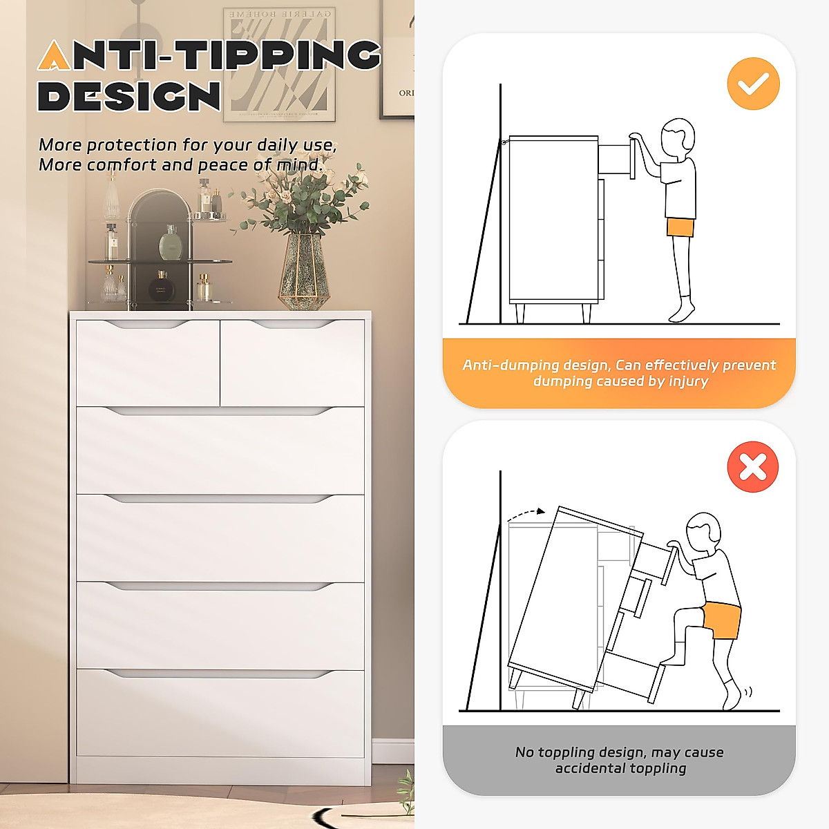 SPERTIKC Tall Chest of Drawers, 6 Drawer Dresser for Bedroom, White Dresser with Large Storage Space, Modern Dresser for Corridors and Living Rooms, 27.5" x 16" x 43.5"