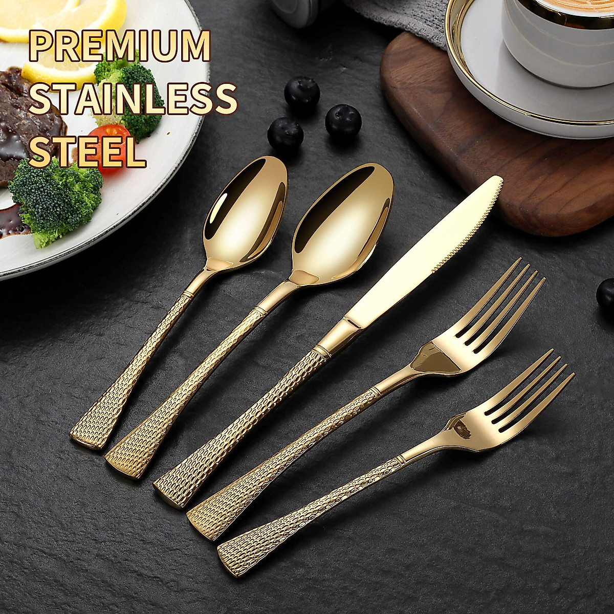 Lemeya Hammered Gold Silverware Set for 4,Stainless Steel 20-Piece Modern Cutlery Set,Mirror Polished Heavy Duty Flatware Set Utensil Set,Knives Spoons and Forks Set,Dishwasher Safe