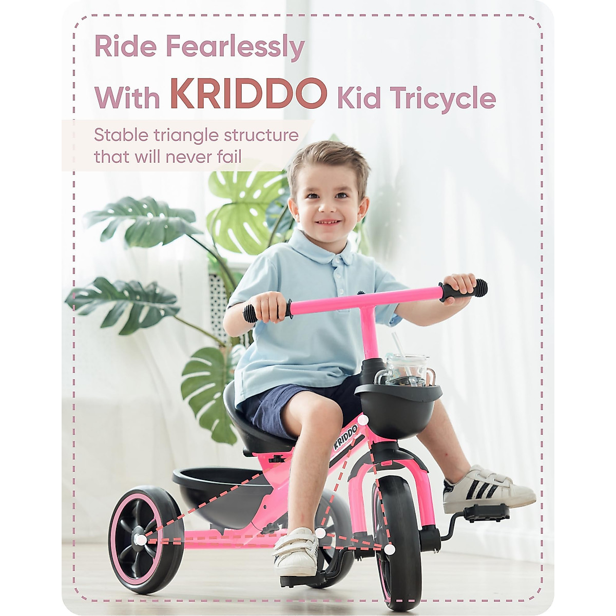 KRIDDO Tricycle for 2-5 Year Olds - Pink Toddler Trike With Gift for 24 Month to 4 Year Old Girls