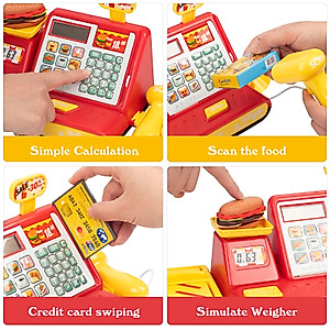 Pretend Play Calculator Cash Register Toy, Supermarket Shop Toys Cashier Registers with Scanner, Microphone, Play Food, Credit Card, Money - Pre-School Gift for Kids, Toddlers, Boys & Girls, Ages 3+