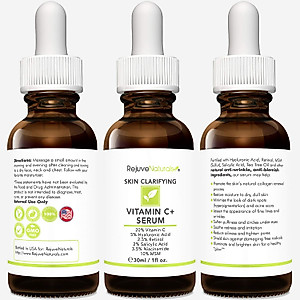 Vitamin C Serum Plus 5% Hyaluronic Acid, 2.5% Retinol, 2% Salicylic Acid, 3.5% Niacinamide, 10% MSM, 20% Vitamin C - Anti Aging Anti Wrinkle Skin Clearing Serum Organic Skin Care for Face and Eyes 1oz