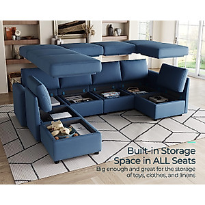 LINSY HOME Modular Sectional Sofa, U Shape Oversized Sofa Couch with Storage, Memory Foam, Modular Sectionals with Ottomans, 7 Seat Living Room Furniture Sofa Sets with Chaise, Blue