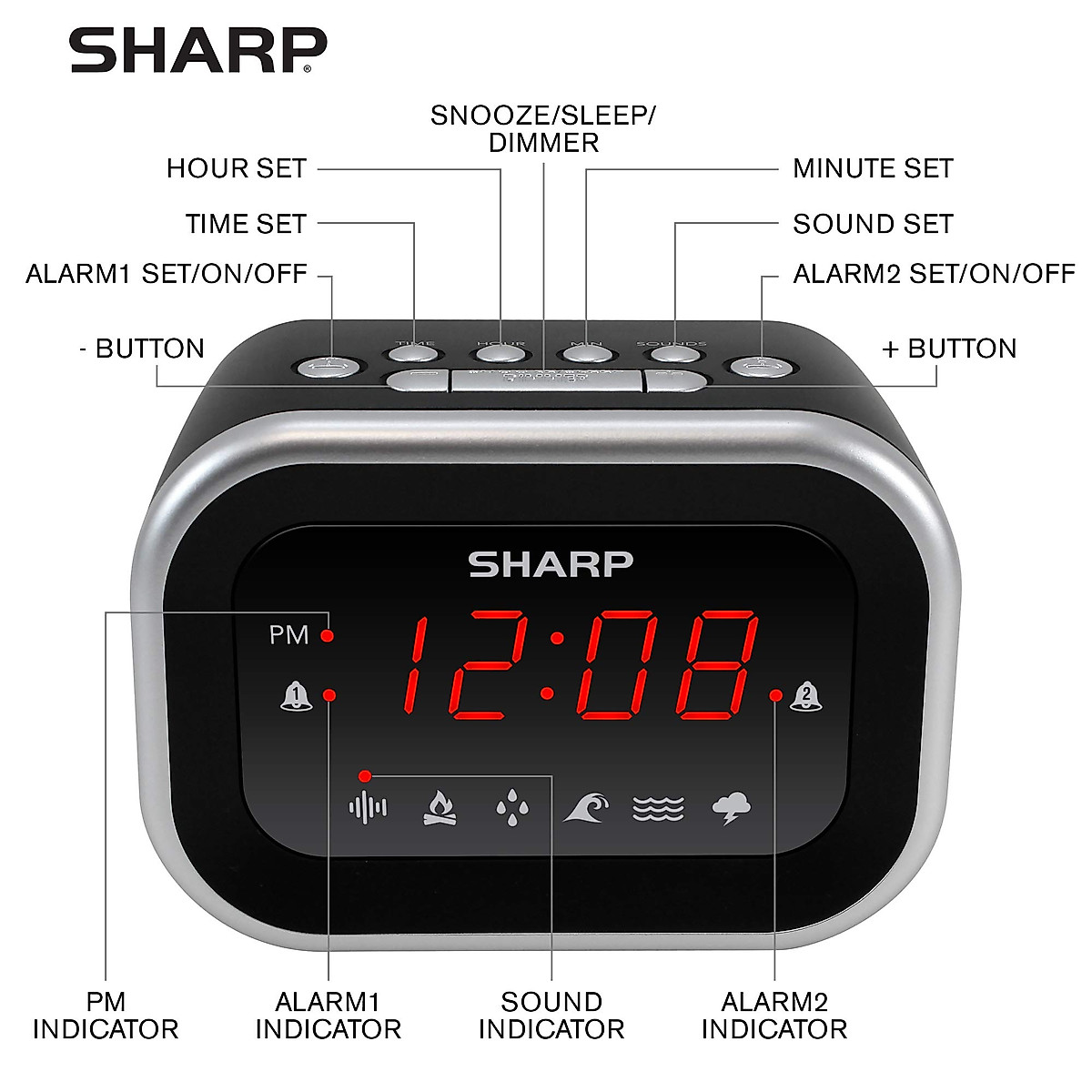 SHARP Dual Alarm Clock with Sound Machine with 6 Relaxing Sounds: White Noise, Campfire, Rain, Ocean, Brook, Thunderstorm, Easy to Use, Red LED Display