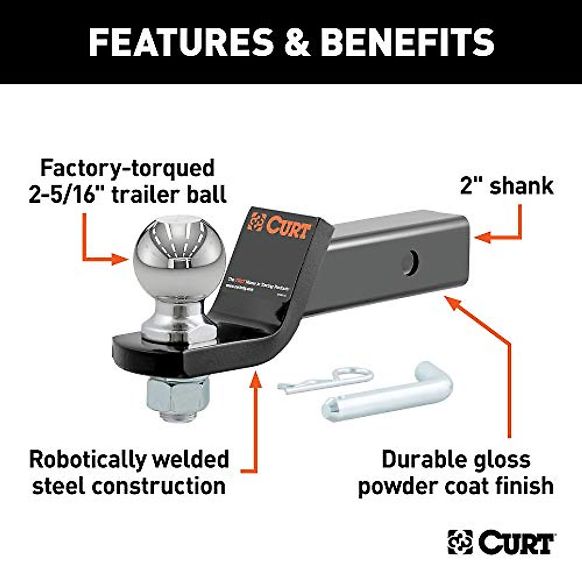 CURT 45041 Trailer Hitch Mount with 2-5/16-Inch Ball & Pin, Fits 2-Inch Receiver, 7,500 lbs, 2-In Drop