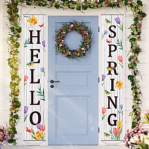 Hello Spring Porch Banner for Front Door Spring Door Banner Colorful Floral Green Leaves Porch Sign Hanging Flag Vintage Spring Decorations Seasonal For Yard Indoor Outdoor Decorations