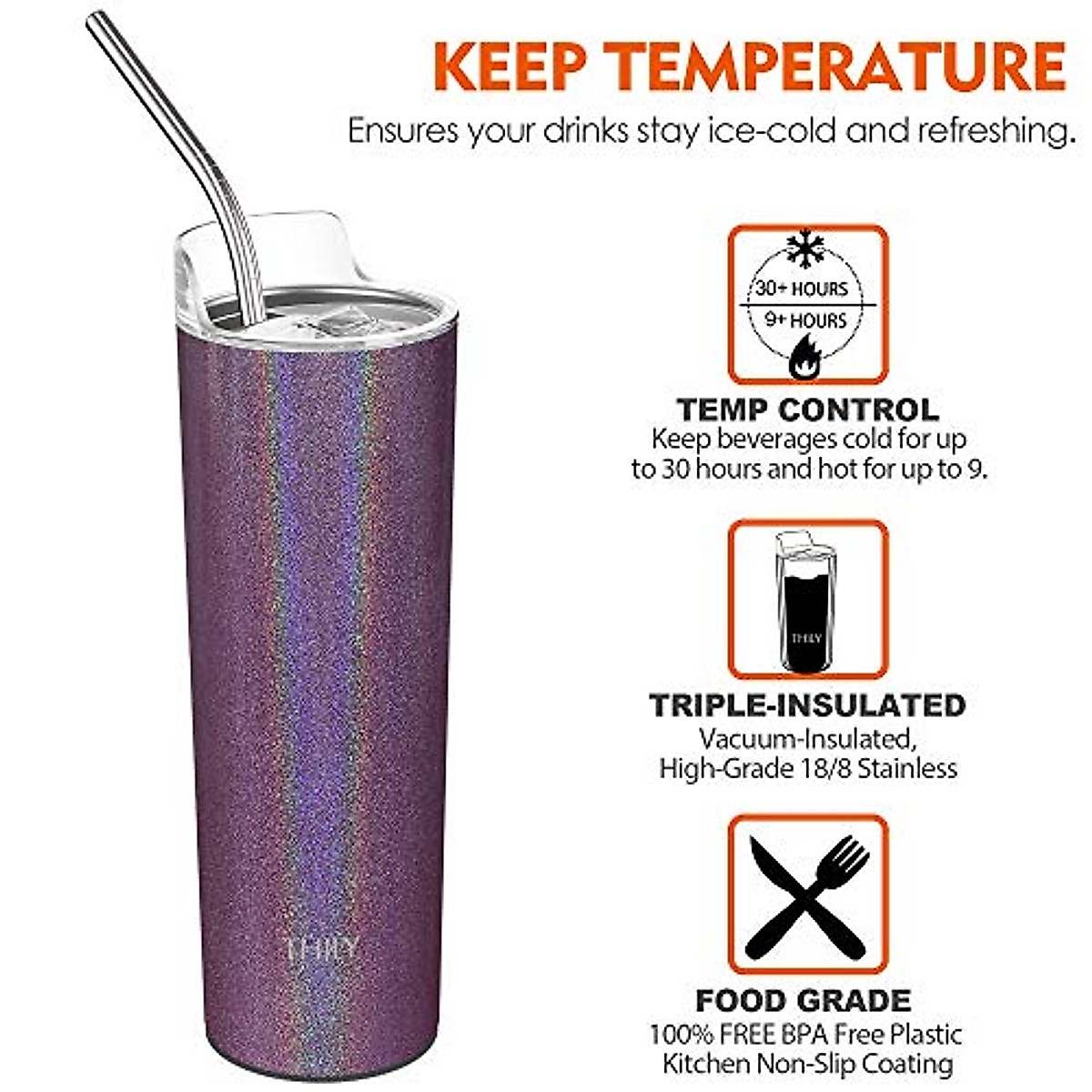 THILY Stainless Steel Insulated Skinny Tumbler 22 oz Travel Cup with Lid and Straw, Portable, Reusable, for Ice Coffee, Beer, Gifts for Women & Girl, Glitter Red-Brown