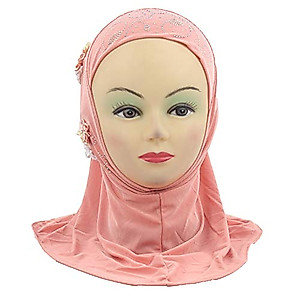 Modest Beauty girls Muslim Islamic Scarf Hijab Handmade flower lovely Rhinestone Headscarf for Kids Orange Pink