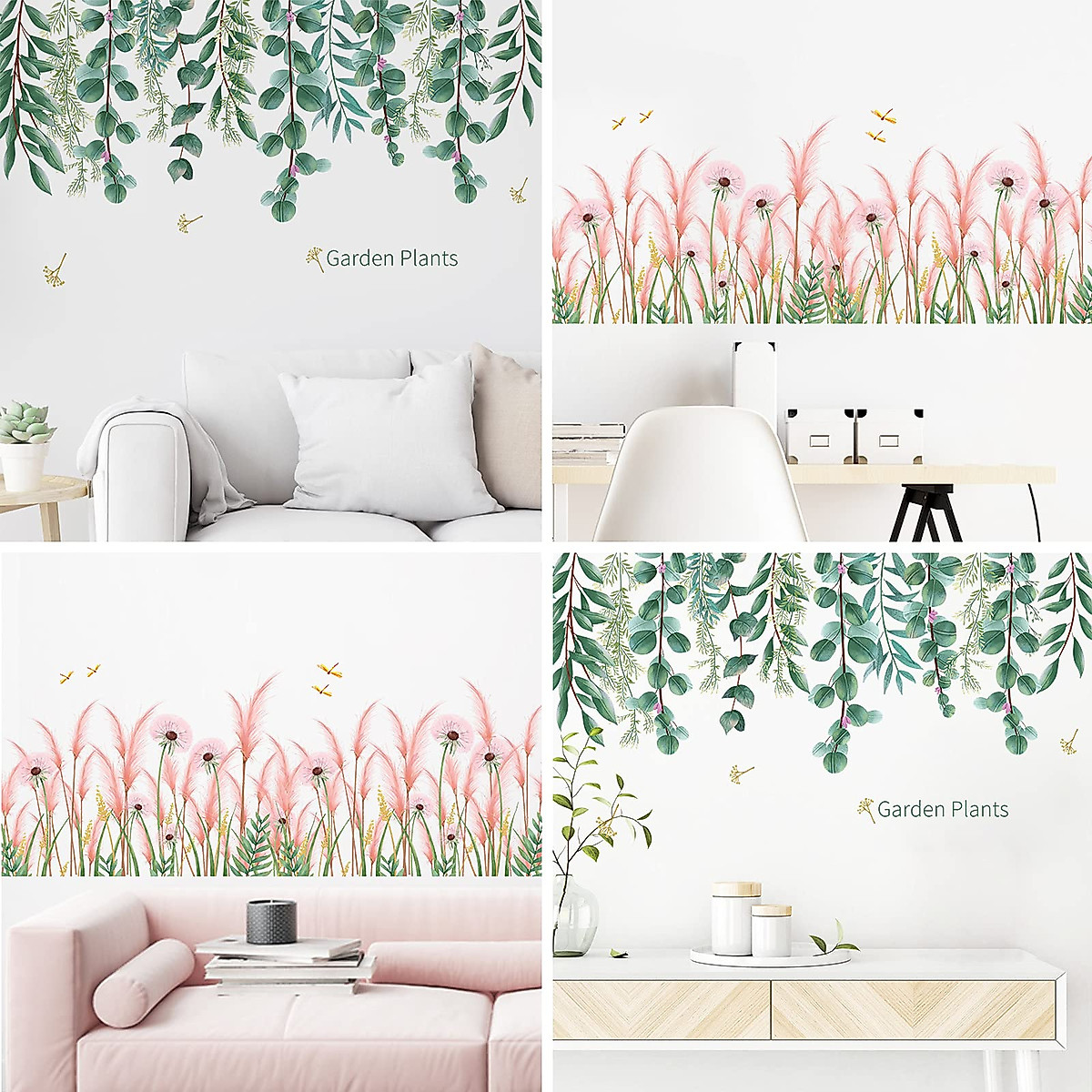 3Pcs Tropical Plants Flowers Vine Wall Corner Stickers, Removable Green Plants Fresh Leaves Flower Wallpaper Decals, Garden DIY Art Mural for Nursery Bedroom Kitchen Offices Home Decorations (B)