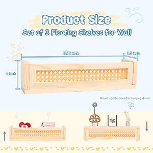 Defined Deco 3 Pack Floating Rattan Shelves, 16" Boho Rattan Wall Shelf Storage for Bathroom and Kitchen, Floating Wicker Bookshelf Rattan for Kids and Nursery Room Bookcases or Toy Decor
