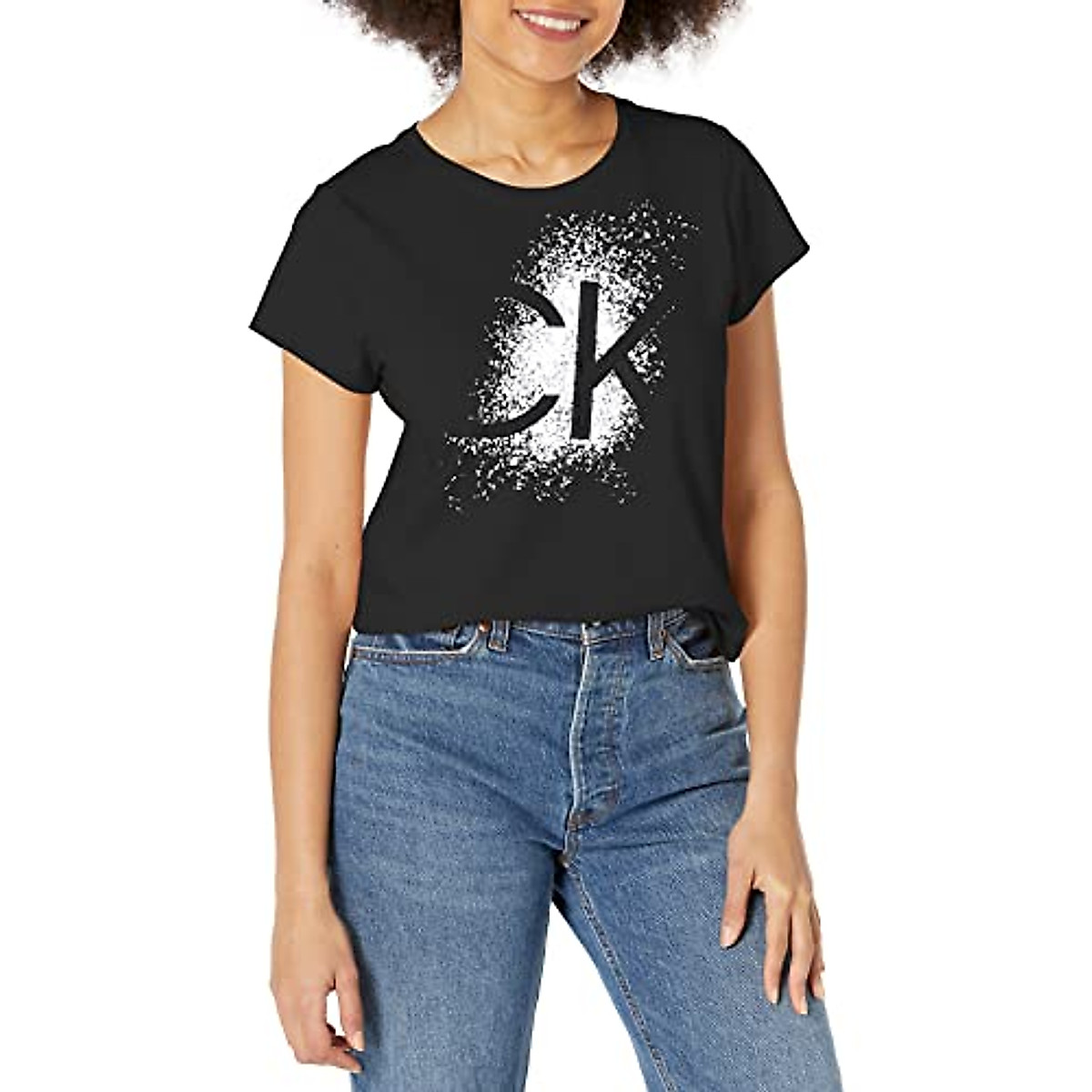 Calvin Klein Women's Soft Ck Logo Splatter Foil Sparkly Cotton Span Jersey Everyday T Shirt, Black, Large