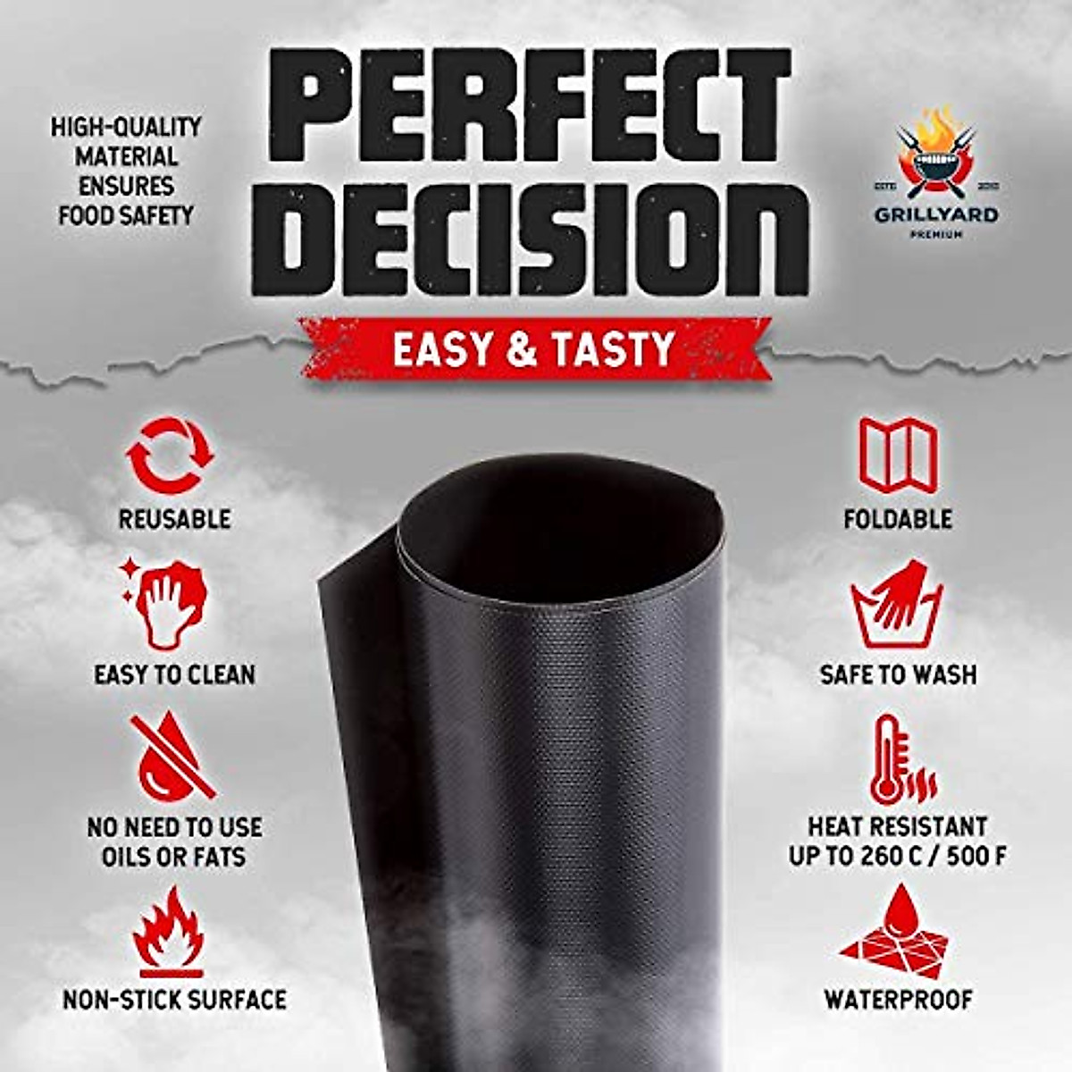 GRILLYARD Grill Mat Set of 6 – Non-Stick, Reusable BBQ Grill Mats for Gas, Charcoal, Electric Grill – Temperature Resistant – Heavy Duty Design – Easy to Clean (Black)