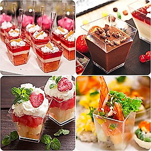 Colovis Desert Cups with Lids and Spoons, 100 Pack 5 OZ Clear Square Parfait Cups Plastic Appetizer Cups for Party Cheesecakes Puddings Fruits (100)