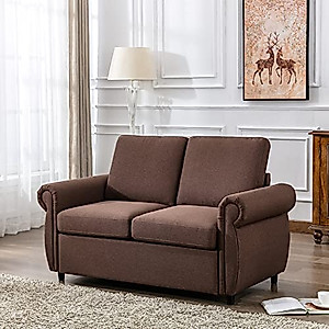 EZLUX Pull Out Sofa Bed with Twin Size Memory Mattress, 2-in-1 Convertible Sleeper Couch, Linen Fabric Loveseat for Living Room, Office, Small Apartment, Brown