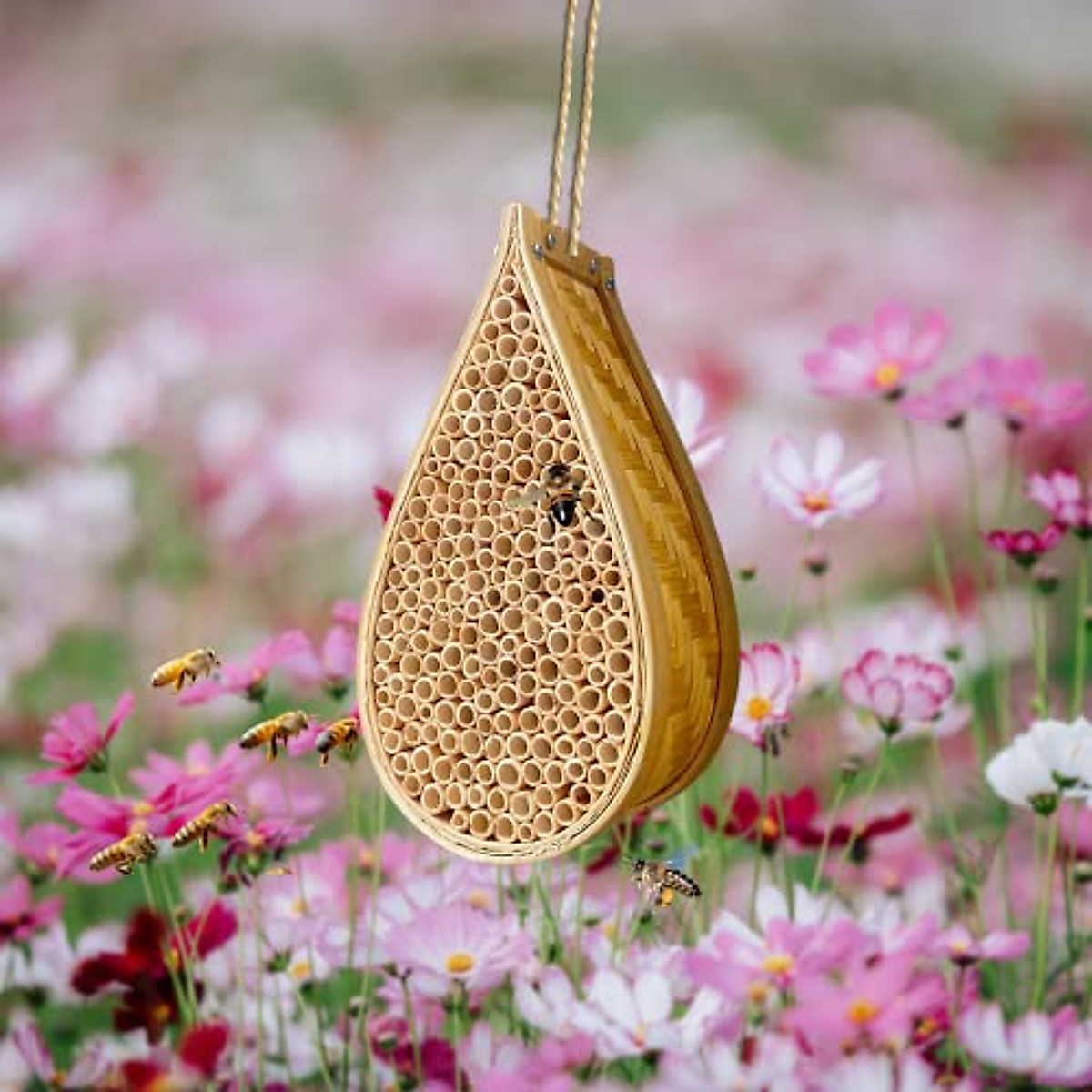 Mason Bee Houses for the Garden Handmade Bamboo Carpenter Bee House Hanging Outside, Dew Drop Waterproof Beehives for The Garden Attracts Peaceful Bee Pollinators to Enhance Your Garden's Productivity