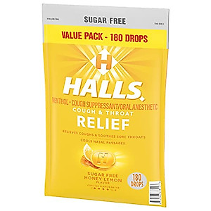 HALLS Relief Honey Lemon Sugar Free Cough Drops, Value Pack, 180 Drops
