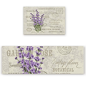 Purple Lavender Flowers Kitchen Mats for Floor Cushioned Anti Fatigue 2 Piece Set Kitchen Runner Rugs Non Skid Washable Vintage Postcard Rustic Wood