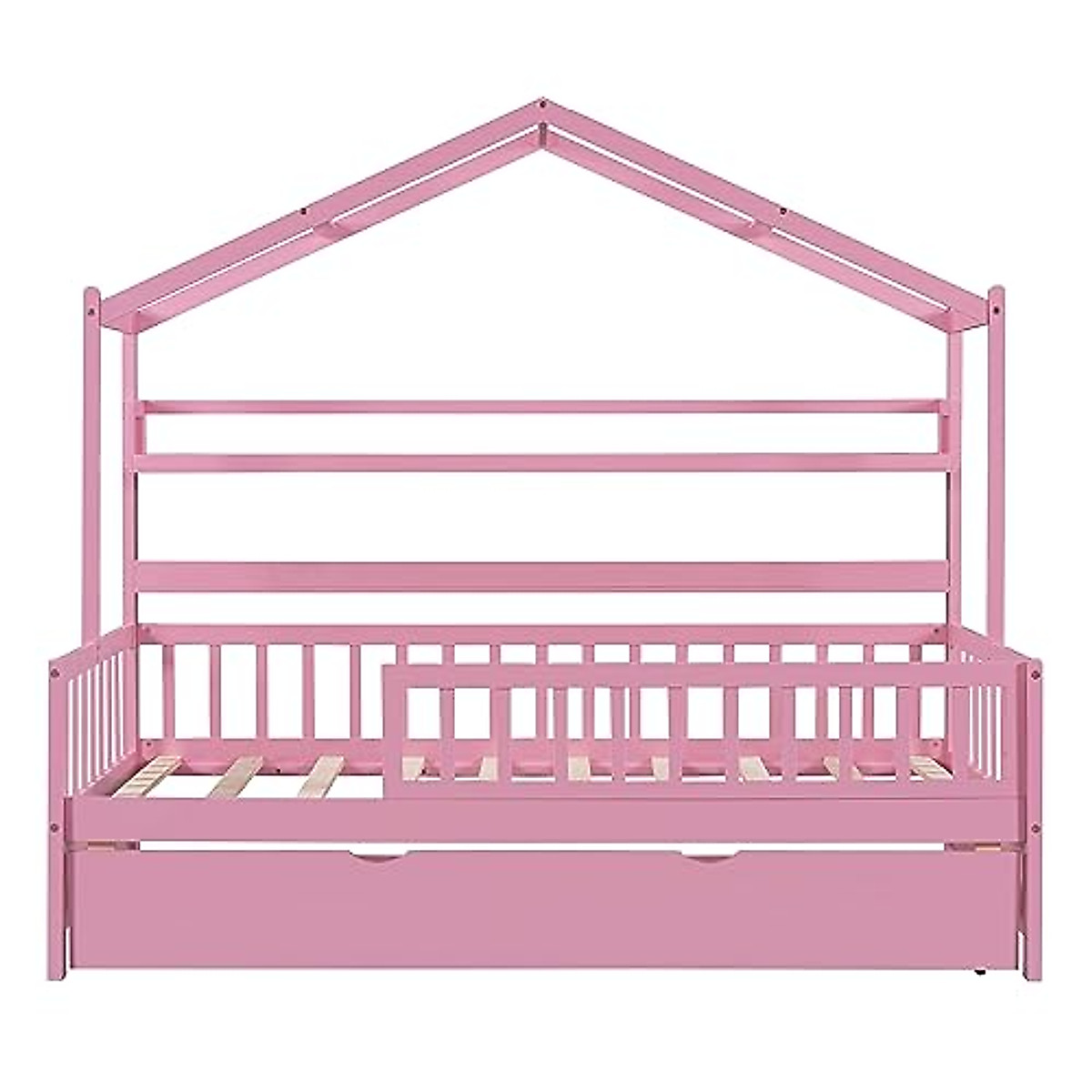 Twin Size House Bed for Kids, Wooden Floor Bed Frame with Trundle & House Roof Frame, Kids Bed Twin with Shelf, Guardrails & Slat Support, Box Spring Needed (Pink)