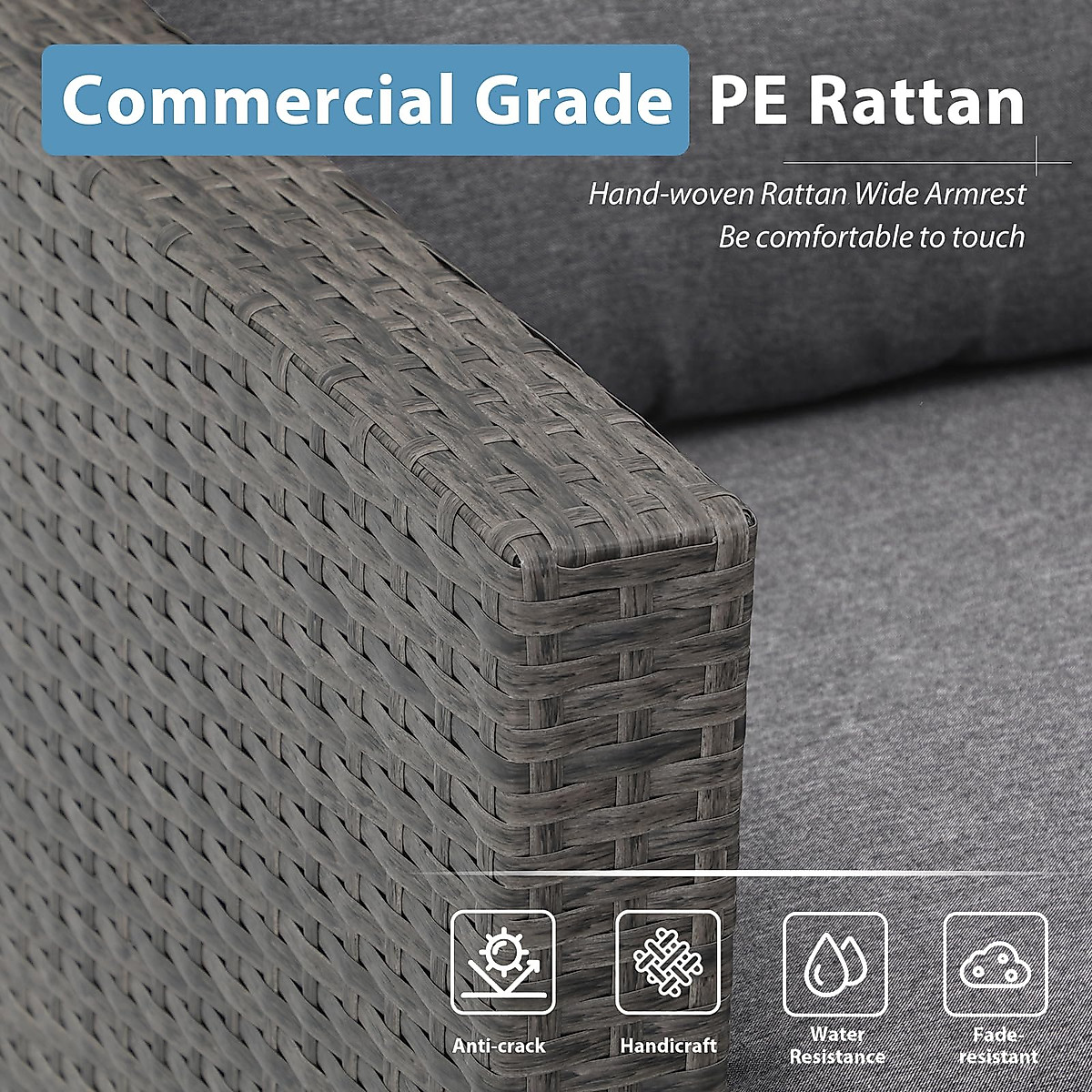 JOIVI Outdoor Patio Furniture Sets, All Weather Outdoor Sectional Patio Sofa, Wicker Rattan Outdoor Couch Patio Set with Cushions, Tempered Glass Table, 3-Piece Outdoor Seating Sofas, Gray