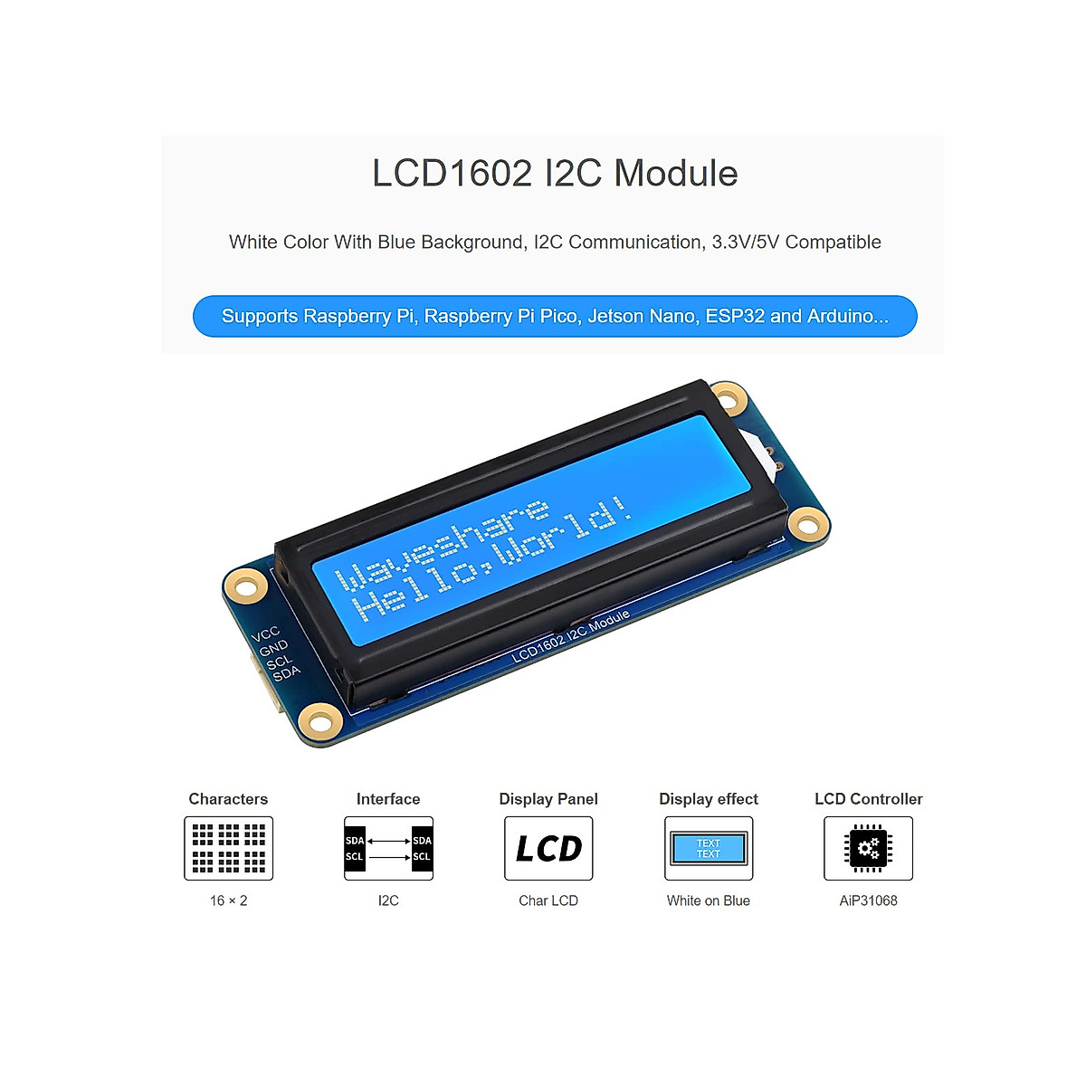 Waveshare 1602 LCD I2C Display Module, White Color with Blue Background 16x2 Characters LCD für Raspberry Pi/Raspberry Pi Pico/Jetson Nano/ESP32/Arduino, 3.3V/5V Compatible