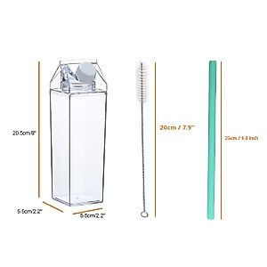 Fanovo 17oz Milk Carton Water Bottle Clear Milk Bottles Transparent Drinking Cup Reusable Creative Eco Leakproof Bottles with 2 Silicone Straws & 2 Cleanning Brushes for Camping Sports Travel