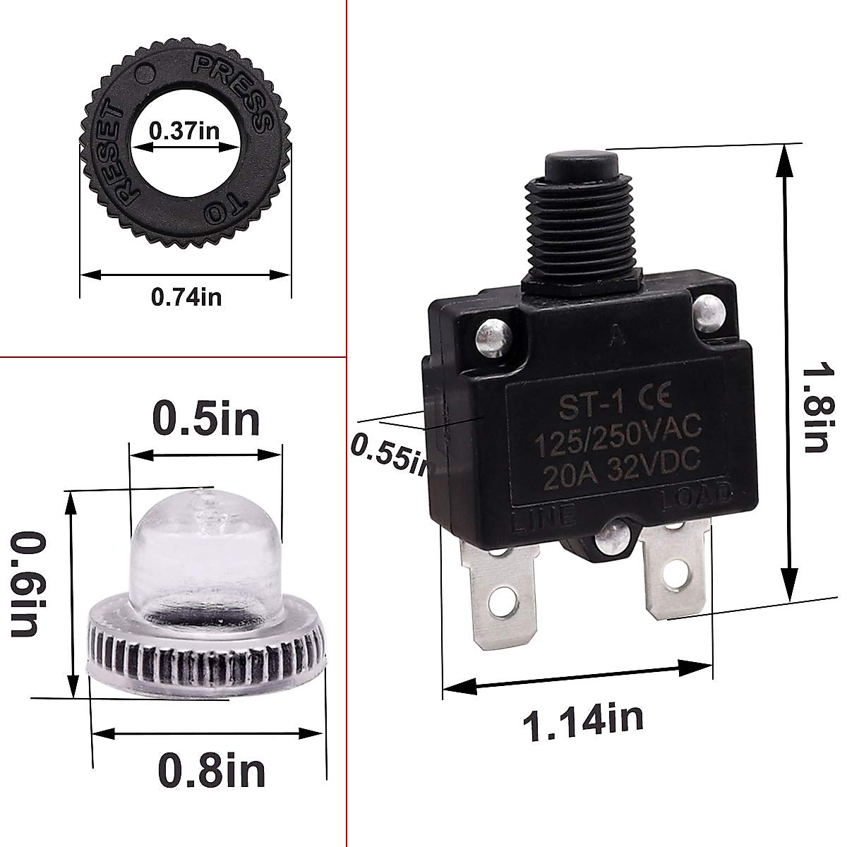 smseace 2PCS 20Amp Electric Button Breaker 125/250VAC, Overload Protector with Manual Reset, Waterproof Button Cap ST-1-20A