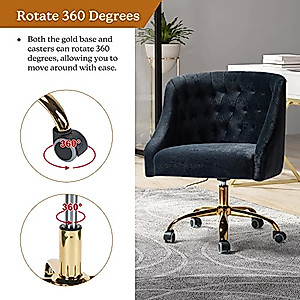 Velvet Home Office Chair with Gold Base, Comfortable Modern Cute Desk Chair, Adjustable Swivel Task Chair for Living Room Bedroom Vanity Study, Black