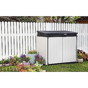 Keter Premier XL Outdoor All Weather Deck Backyard Patio Garden Shed Container with Lid, Light Grey